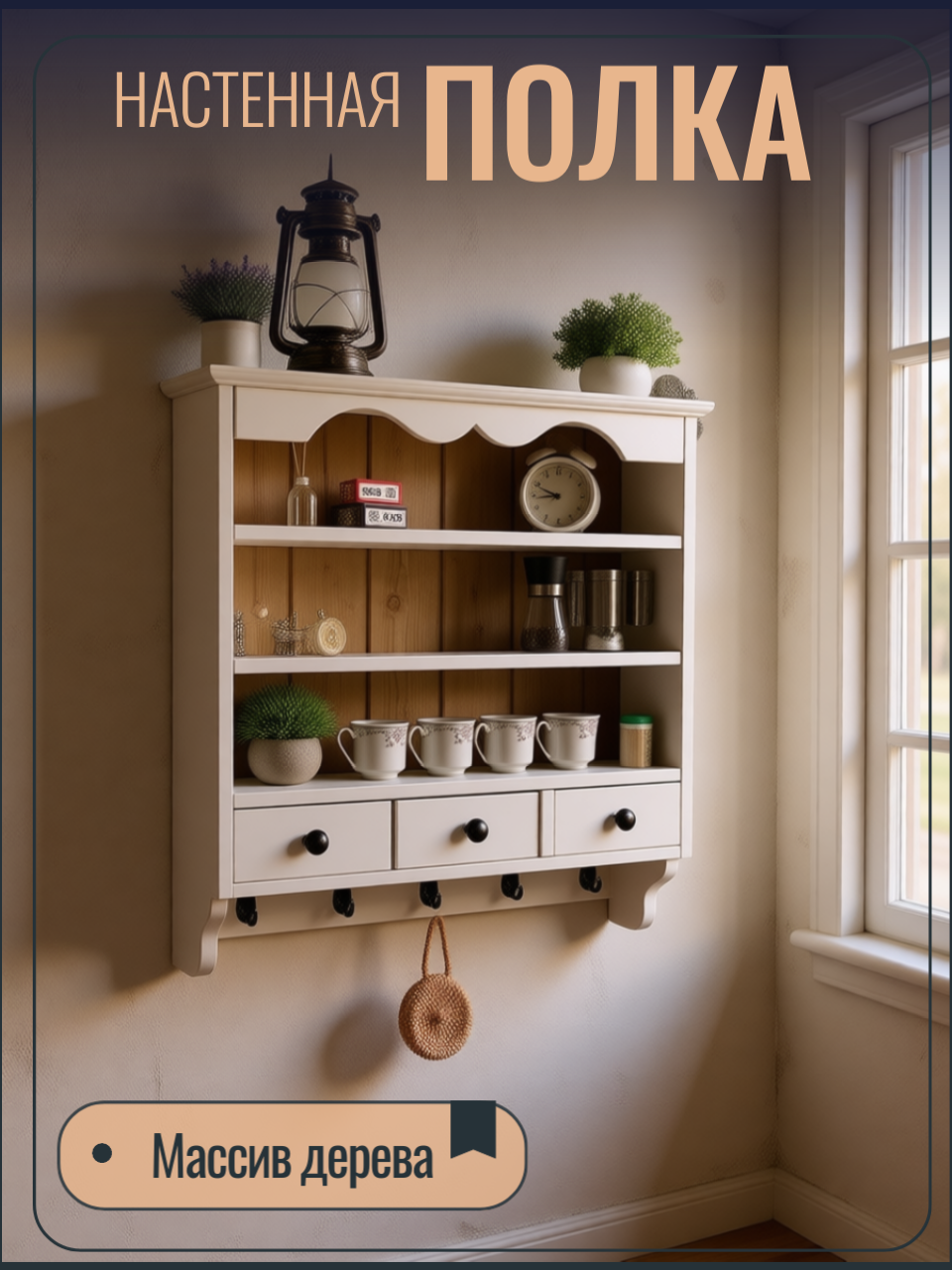 Настенная полка, дерево, стиль Прованс, белая, 70x72х13 см, максимальная нагрузка 5кг