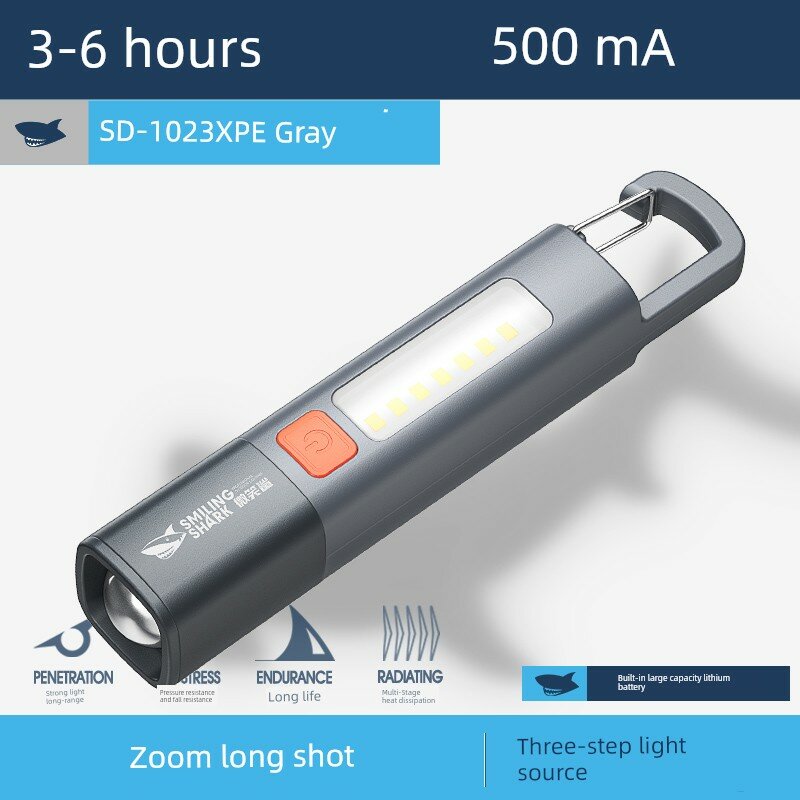 Многофункциональный фонарик с пряжкой Smiling Shark, перезаряжаемый порт TYPE-C, телескопический зум, с прожектором,