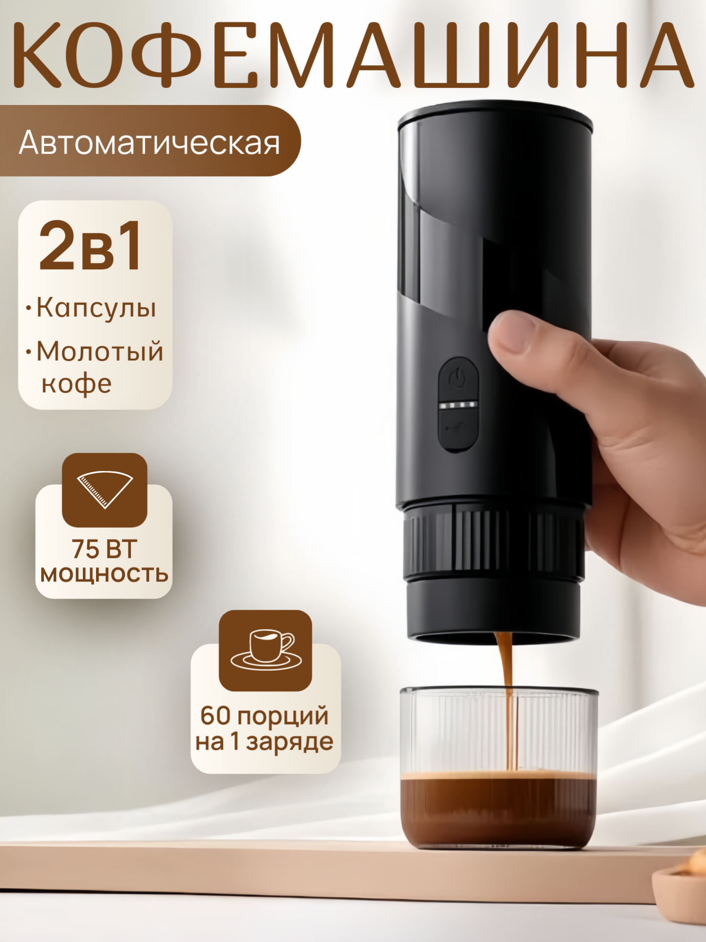 Портативная кофемашина с автоматическим нагревом, совместима с капсулами Nespresso и молотым кофе