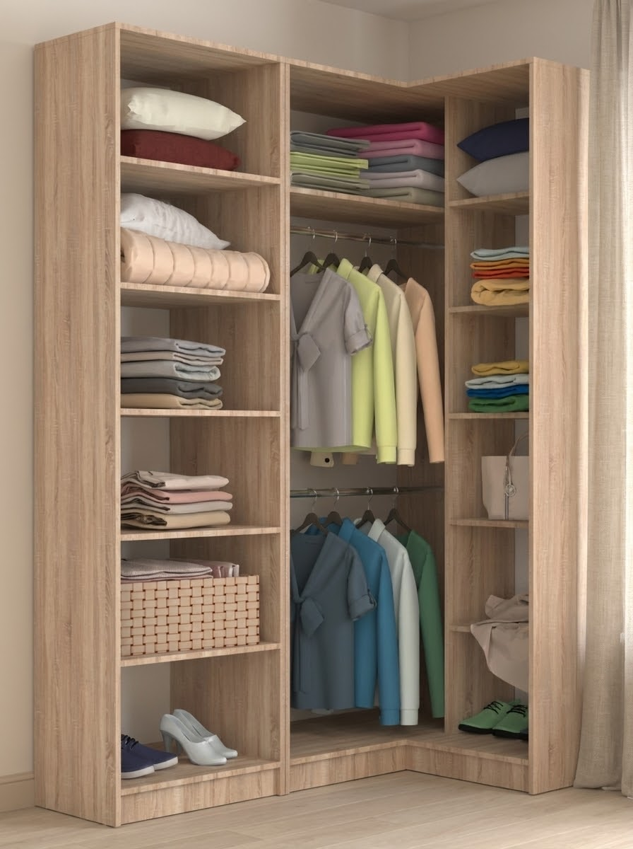 Открытый гардеробный угловой шкаф Макс-9 с 2 штангами для вешалок и 13 полками, ШхГхВ: 160х100х210 см, дуб сонома