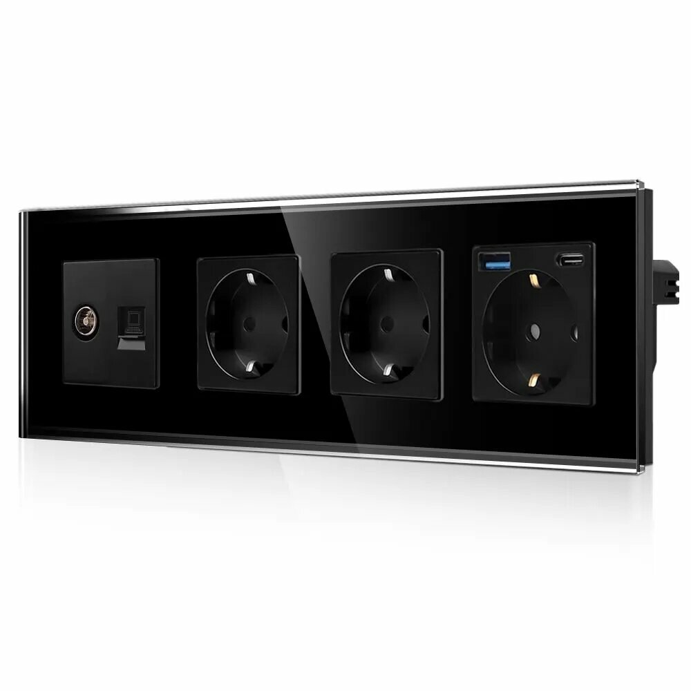 Pозетка на 4 столба с доступом в Интернет, CAT6, разъем USB A/TYPE-C, закаленное стекло, цвет Черный