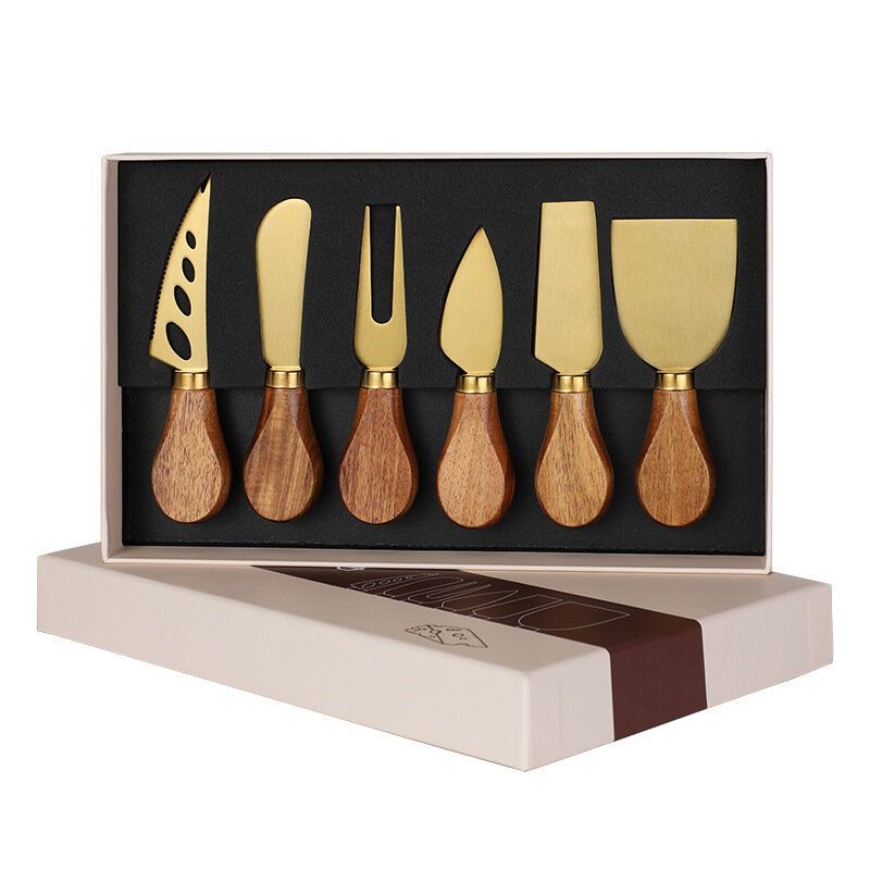 Набор ножей для сыра с ручкой из акации, нержавеющая сталь, набор столовых ножей, подарочная коробка, набор из 6 предметов