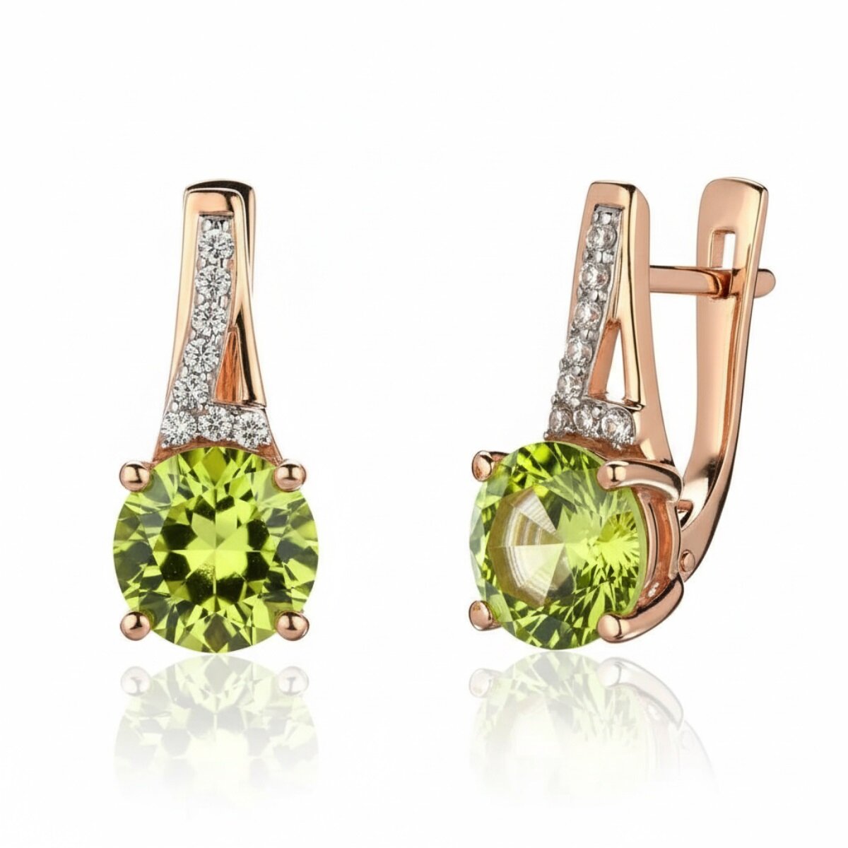 Серьги, красное золото, 585 проба, хризолит, фианит