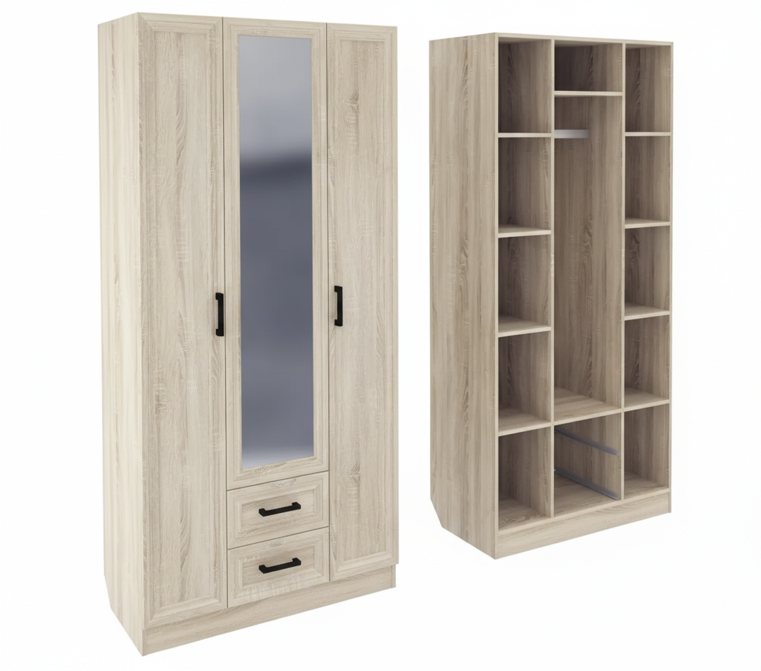 Шкаф распашной, гардероб, шкаф для одежды с зеркалом ШК-3/6 100/210/52 Дуб сонома