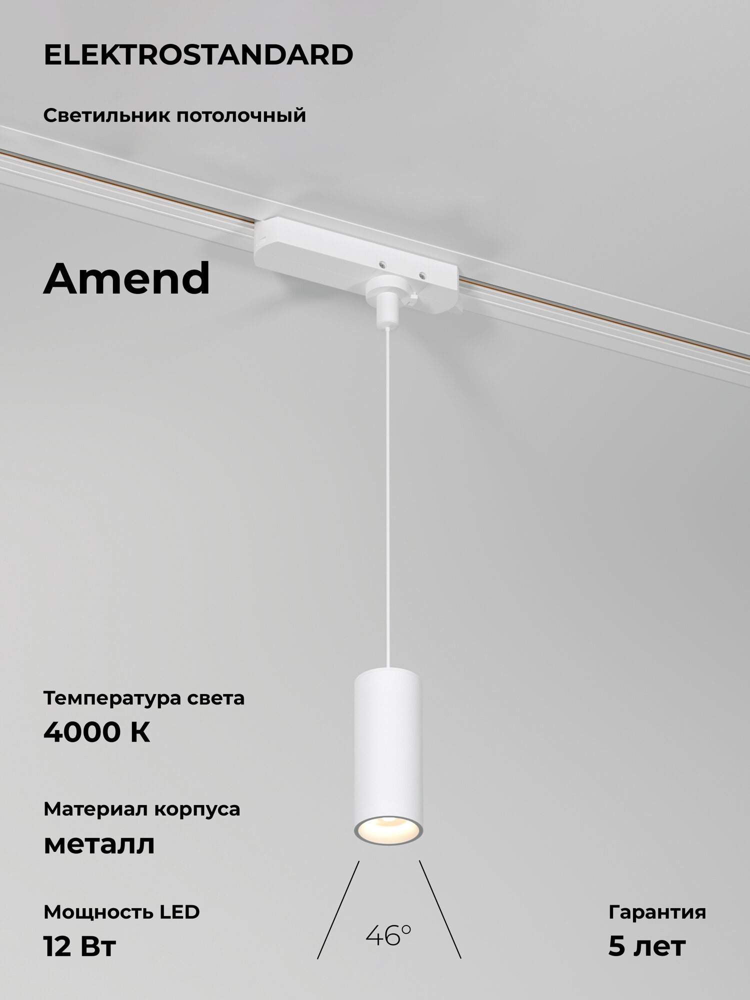 Трековый однофазный светодиодный подвесной светильник Elektrostandard Basic System Amend 85113/01, 12 Вт, 4000K, белый