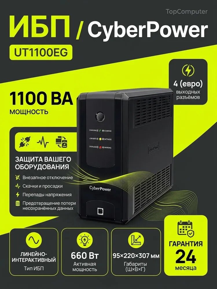 ИБП CyberPower UT1100EG черный, 660 Вт/1100 ВА, 4 розетки типа Schuko (евророзетки с заземлением)
