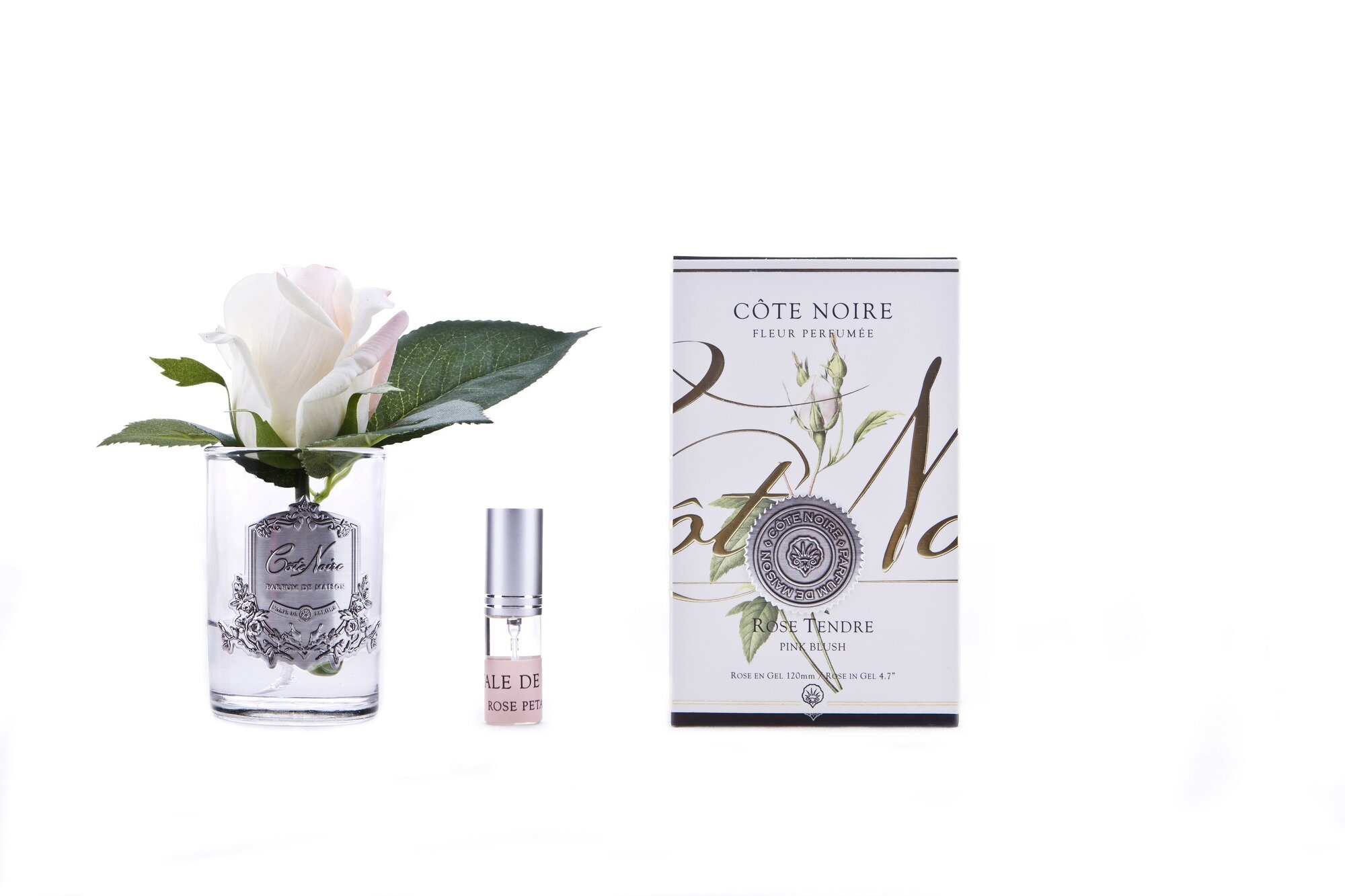 Ароматизированная роза COTE NOIRE ROSE BUD blush, светло-розовый, прозрачная ваза, 1 спрей 10 мл