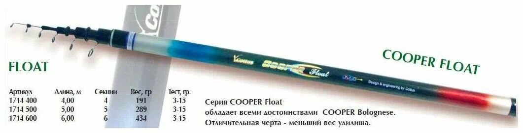 Удилище(Удочка) болонское от фирмы COTTUS Cooper Float длина 6,0м, тест 3-15гр