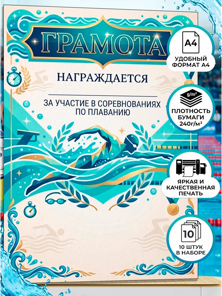 Набор грамот за участие в соревнованиях по плаванию 10шт.