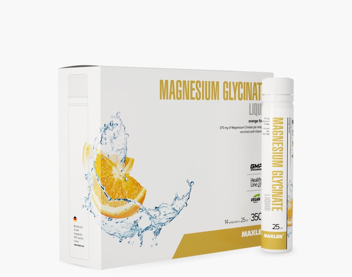Глицинат магния Magnesium Glycinate Liquid 14 амп 25 мл (Maxler) Апельсин
