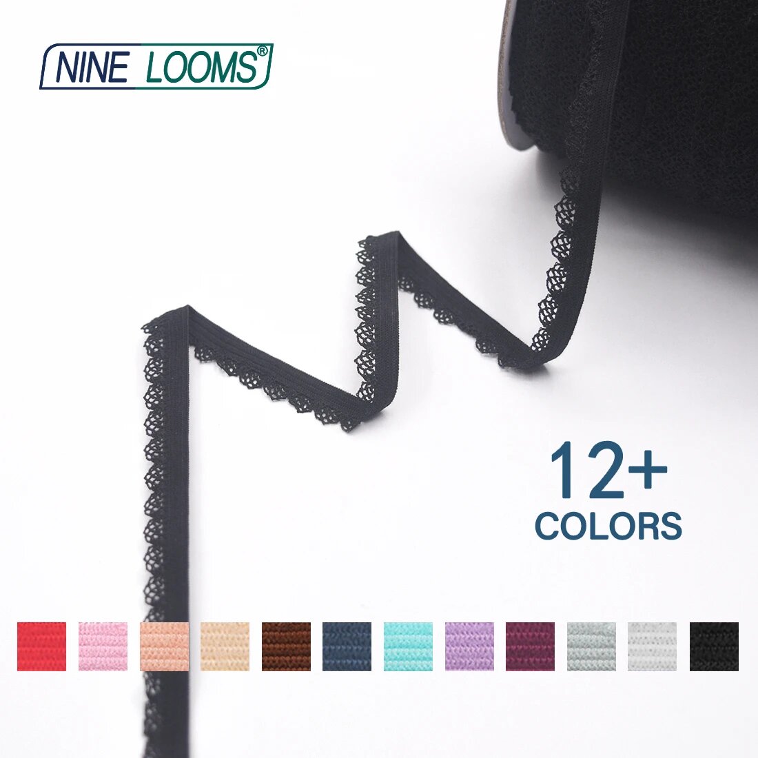 Эластичная лента с кружевом NINE LOOMS, 3/8", Черный, 2 ярда