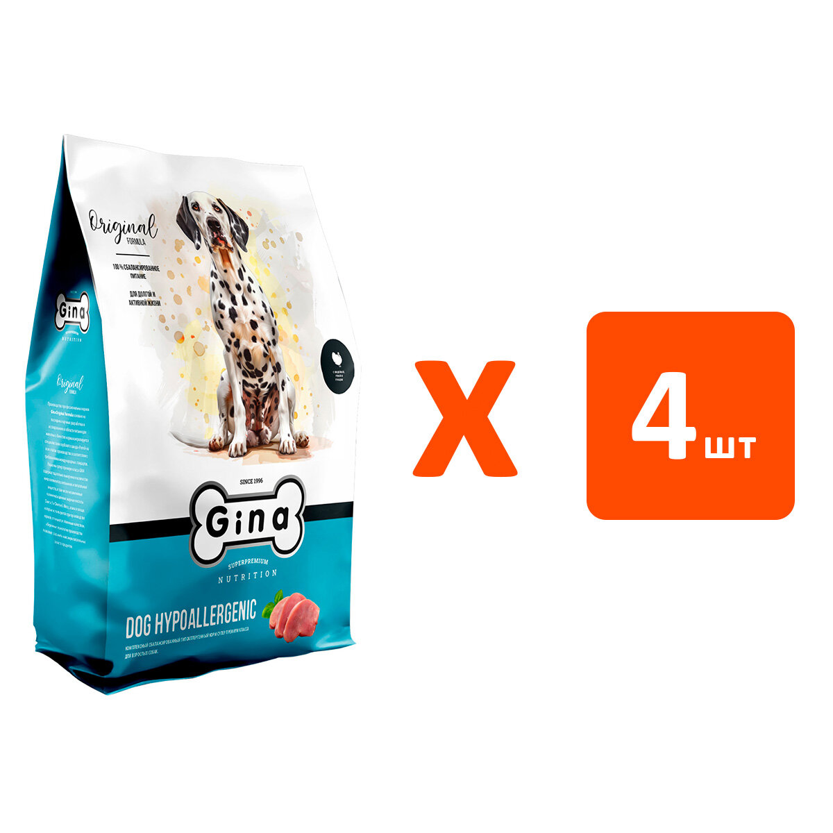 GINA ADULT DOG HYPOALLERGENIC гипоаллергенный для взрослых собак с уткой и рисом 01449 (3 кг х 4 шт)