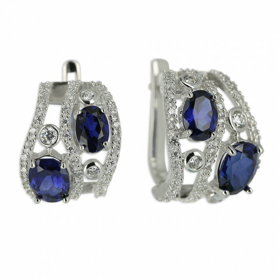 Серьги, серебро, 925 проба, родирование, сапфир синтетический, фианит