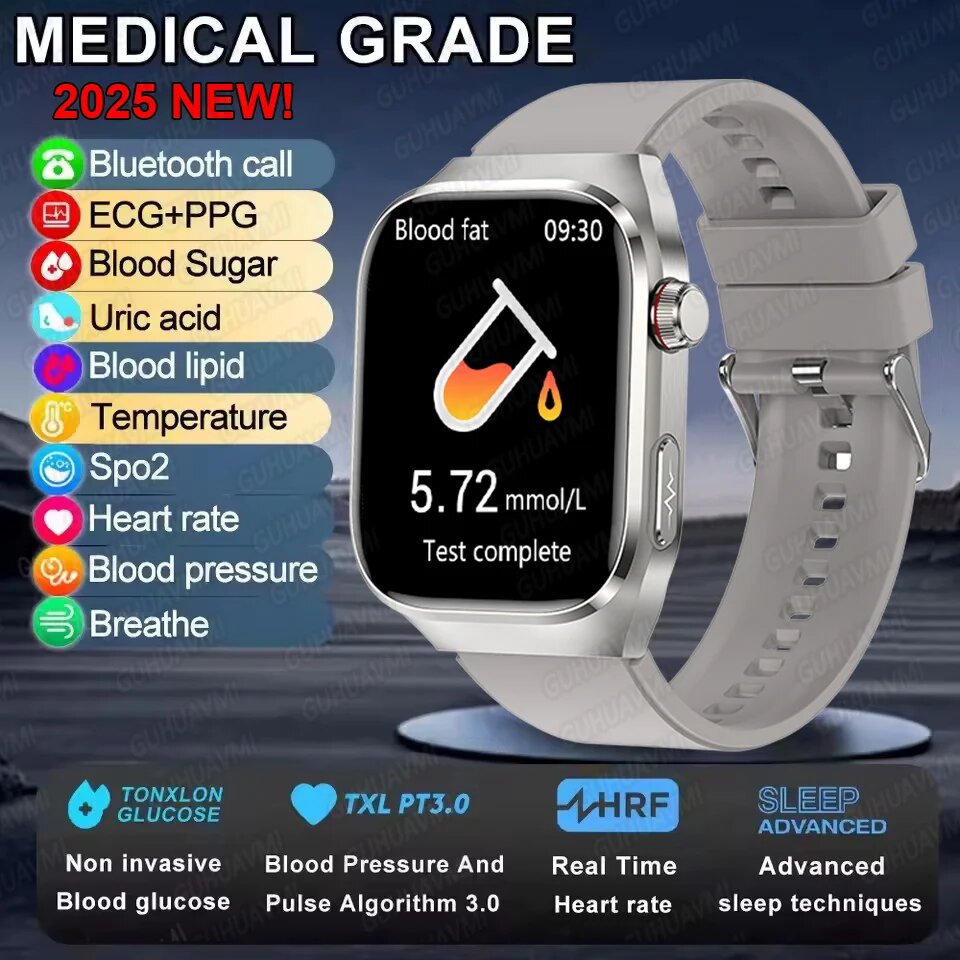 Smartwatch 2025 Серый, Silver, ECG, PPG, Blood Sugar