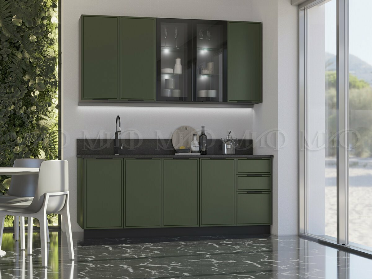 Кухня прямая с высокими шкафами Миф Николь 2,0/900 Холст темно-зеленый, графит / столешница Кастилло темный