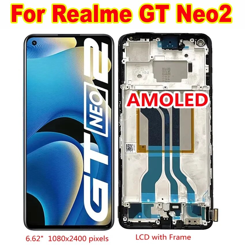 6,62 "Лучший оригинальный AMOLED для Realme GT Neo2 ЖК-экран, сенсорная панель, Black LCD with Frame