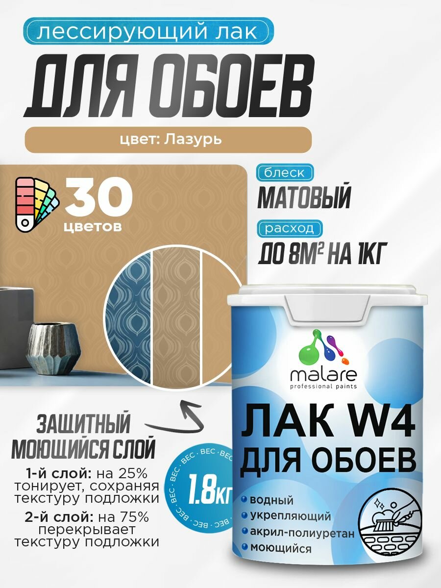 Лак колерованный тонирующий для защиты обоев Malare W4 универсальный для дерева и минеральных поверхностей, водный без запаха быстросохнущий, матовый, лазурь, 1.8 кг.