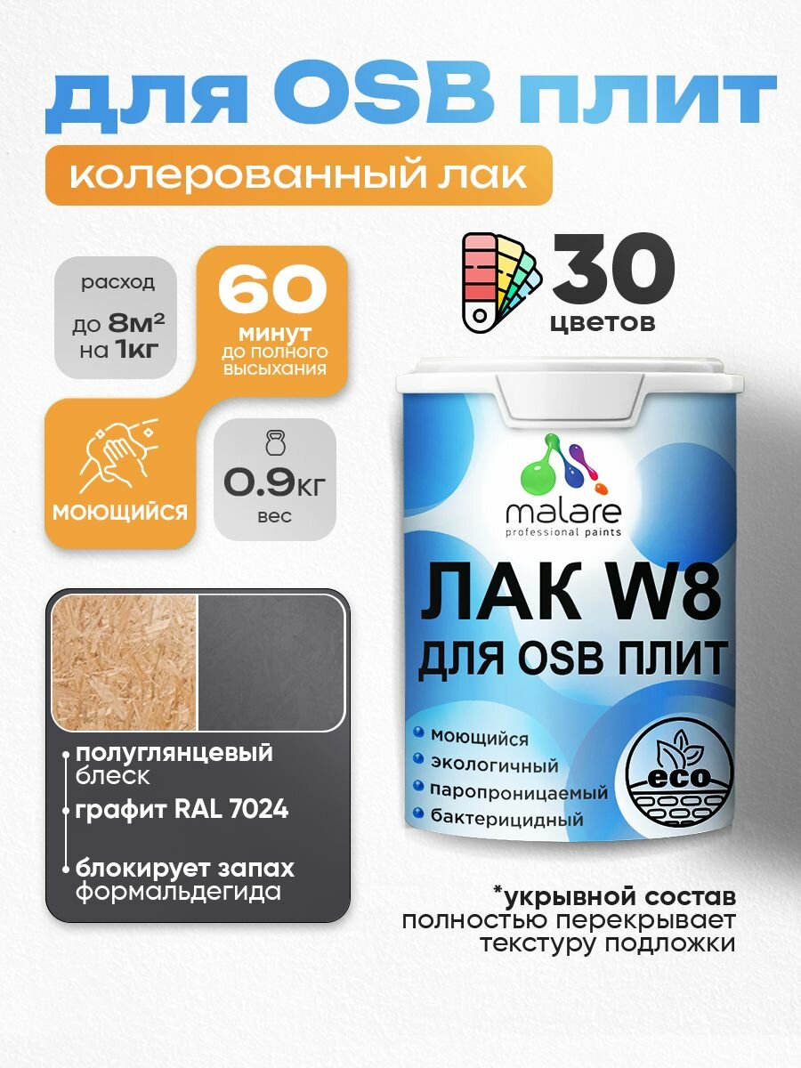Лак колерованный укрывной для защиты ОСБ плит Malare W8 универсальный для дерева и минеральных поверхностей, паропроницаемый водный без запаха, полуглянцевый RAL 7024 графит, 0.9 кг.
