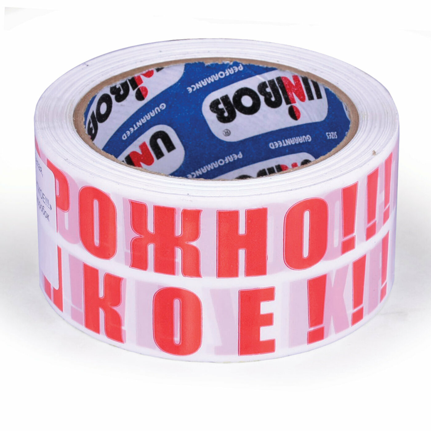 Клейкая лента UNIBOB упаковочная 50 мм х 66 м, белая, надпись "осторожно! Хрупкое!", 50 мкм ()