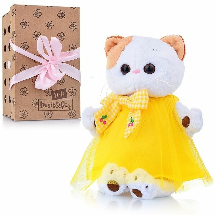 Мягкая игрушка Basik&Сo Кошка Ли-Ли в желтом платье с бантом, 24 см (LK24-099)