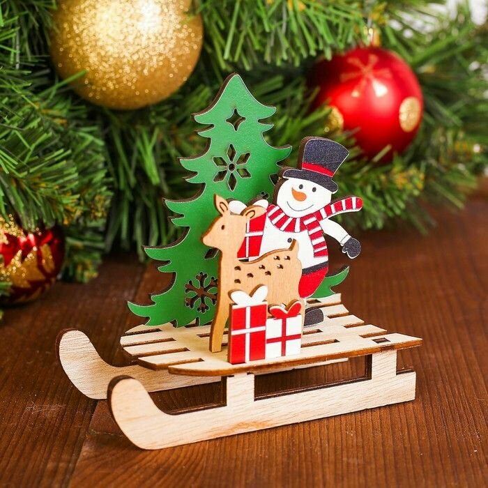Новогодний декор Лесная мастерская "Снеговик с оленем на санях", дерево, в пакете