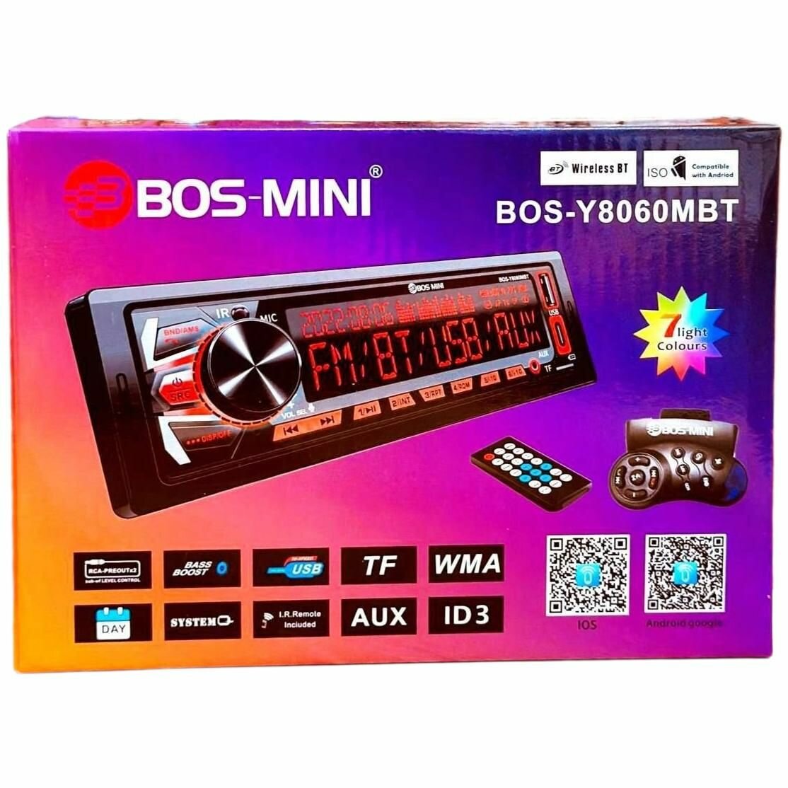 Автомобильная магнитола 1DIN, BOS-MINI-Y8060MBT, 12 v