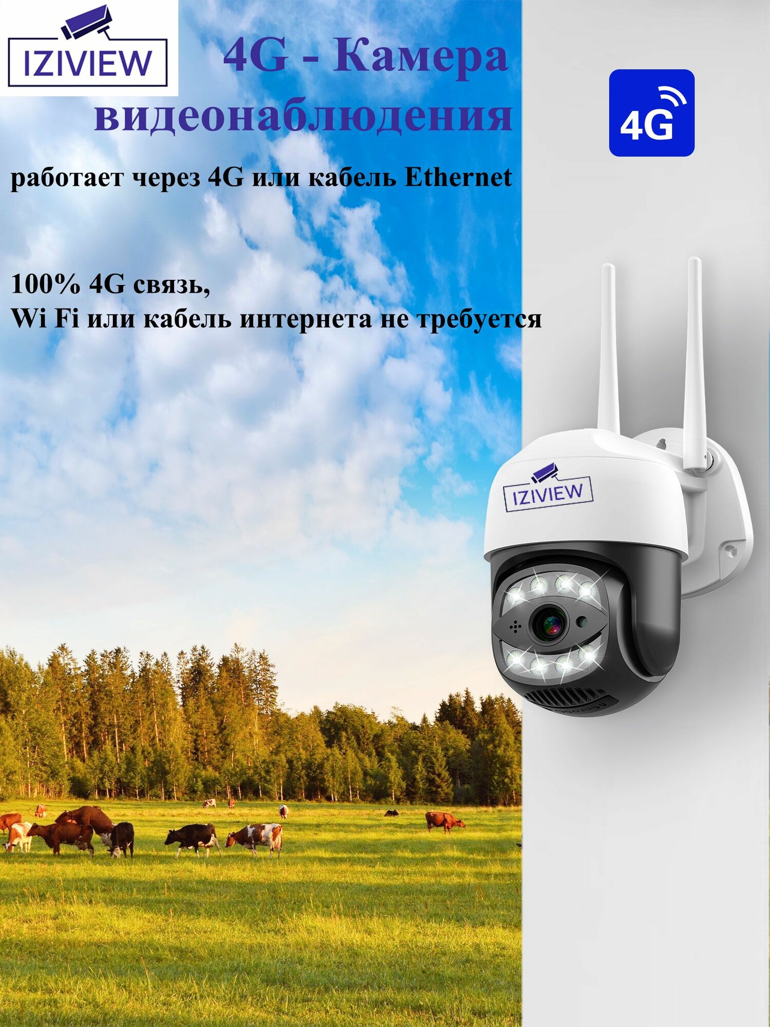 Беспроводная поворотная камера видеонаблюдения с сим картой 4G уличная для дома IP с Sim картой , видеокамера с ночной съемкой и датчиком движения