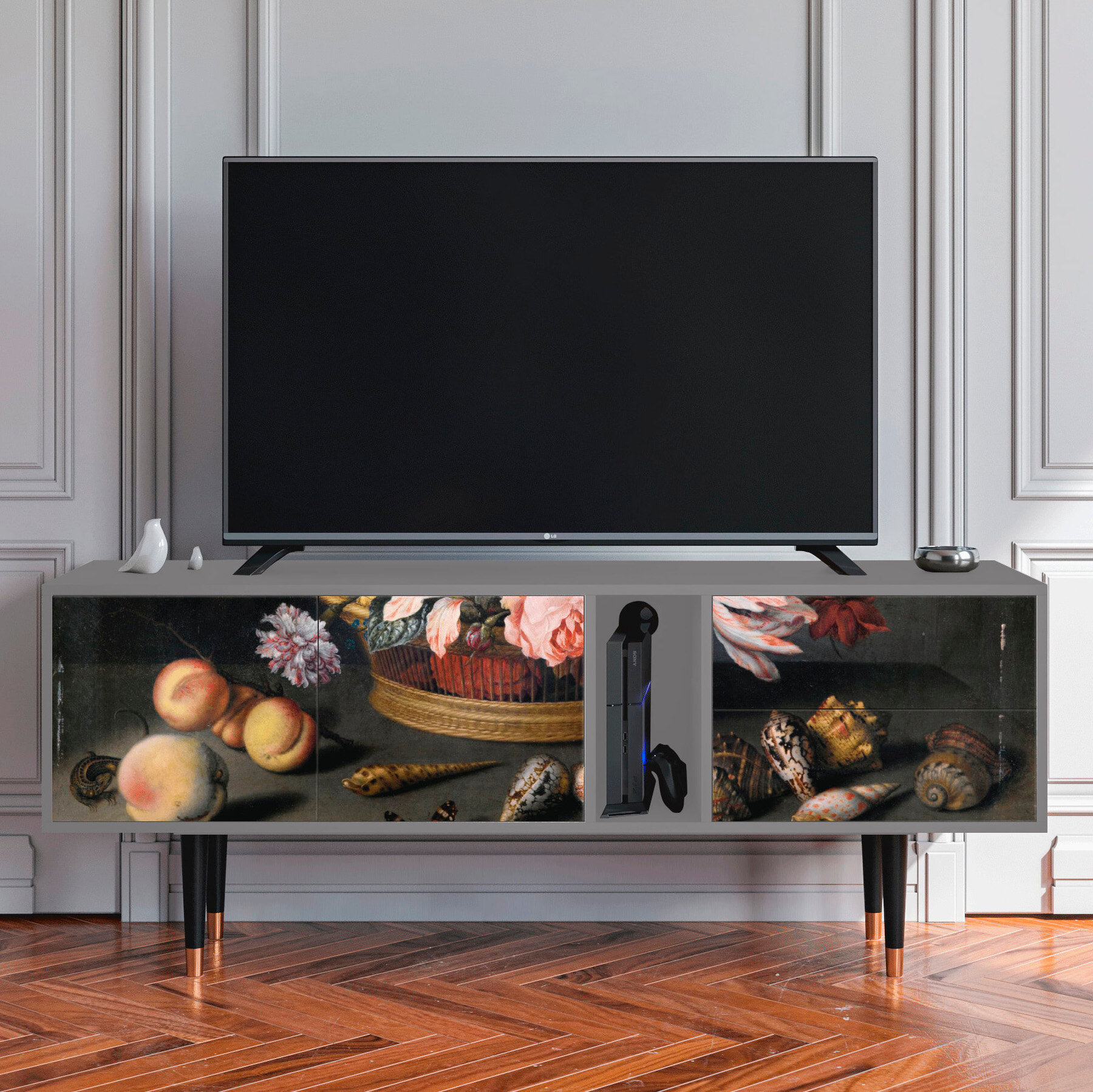 ТВ-Тумба - STORYZ - T1 Still Life with Flowers and Shells by Balthasar van der Ast, Размер - 170 x 69 x 48 см, Цвет корпуса - , Серый