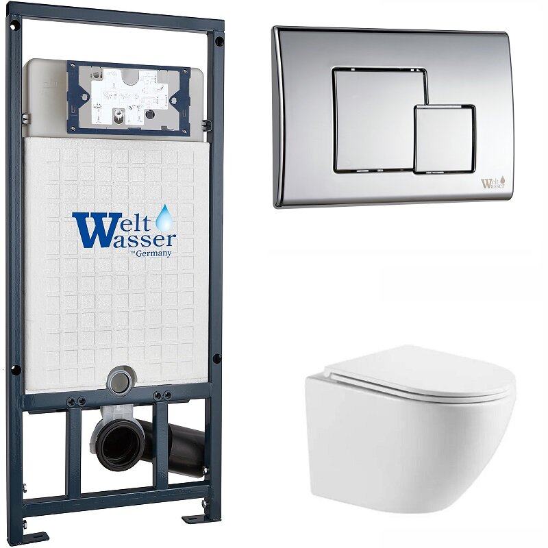 Унитаз подвесной WeltWasser MARBERG 507+MERZBACH 043 XL GL-WT+MAR 507 SE-CR белый/кнопка хром, безободковый, с крышкой микролифт, с инсталляцией, слив торнадо