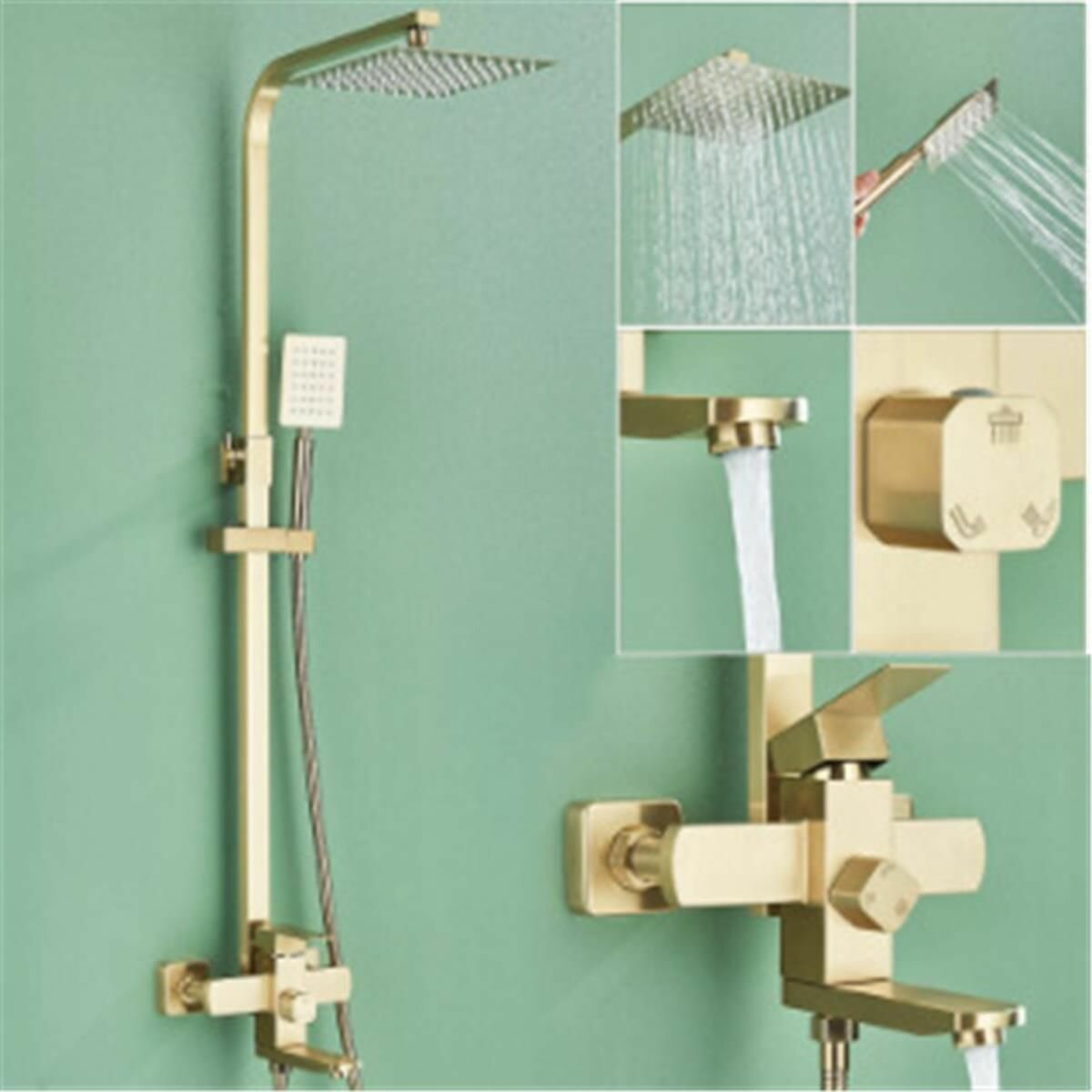 Душевая стойка со смесителем гарнитур в ванную с тропическим душем Southlife. Душевая система матовое золото + смеситель для умывальника