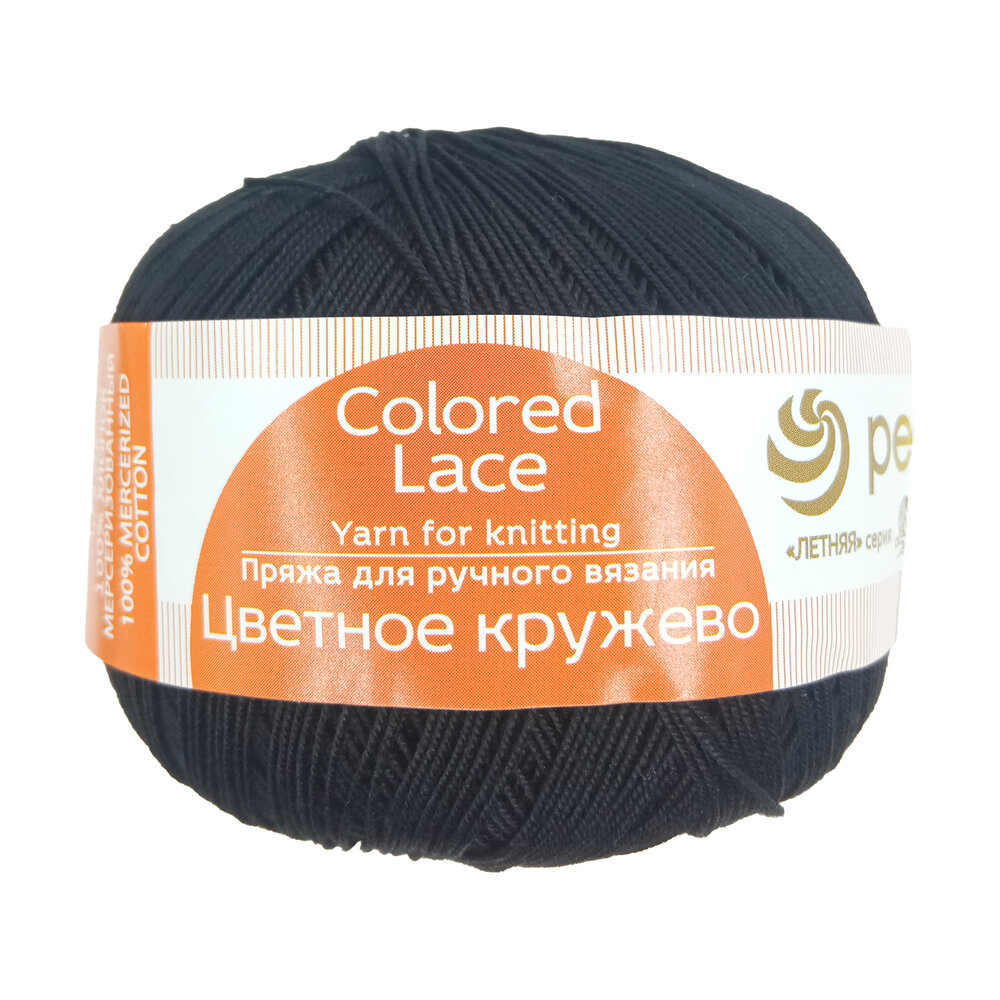 Пряжа для вязания Пехорка Цветное кружево 002 черный 1 моток 50 гр/475 м 100% мерсеризованный хлопок