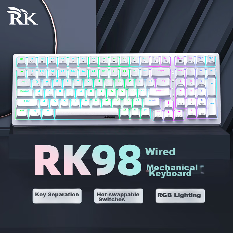 RK98 Mechanical Keyboard, Wired Keyboard, Gaming Keyboard, 100 Keys, 98 Layout, RGB Backlight, Computer Keyboard, Hot-Swappable, Detachable Cable, White, Brown Switch