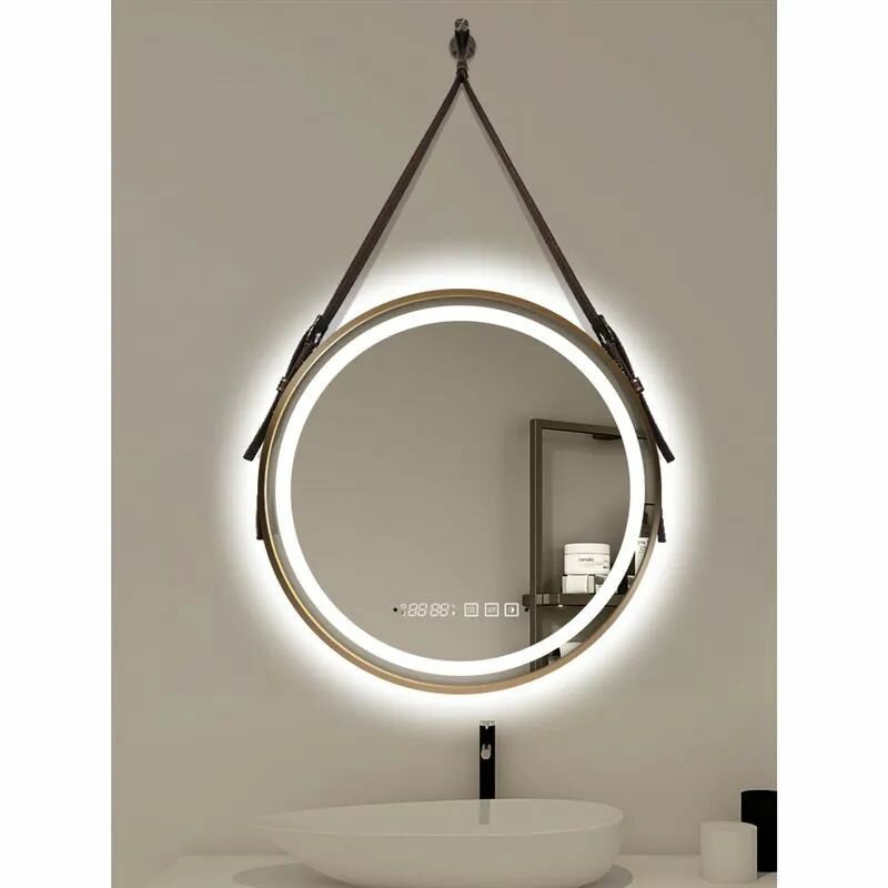 Зеркало с подсветкой в ванную комнату настенное сенсорное "Black Led" D 600 на ремне из натуральной кожи черного цвета