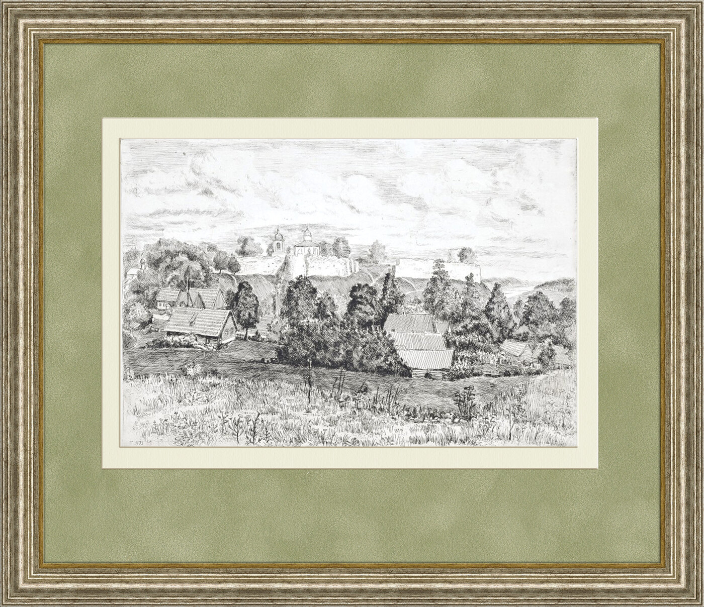 Гравюра "Сельский пейзаж", 50x70 см, коллекционная сохранность