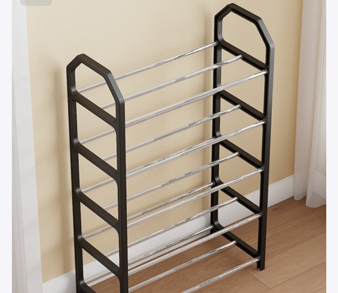 Полка этажерка металлическая для обуви 5и ярусная, открытая обувница. черные боковины, серебристая середина, до 10 пар обуви