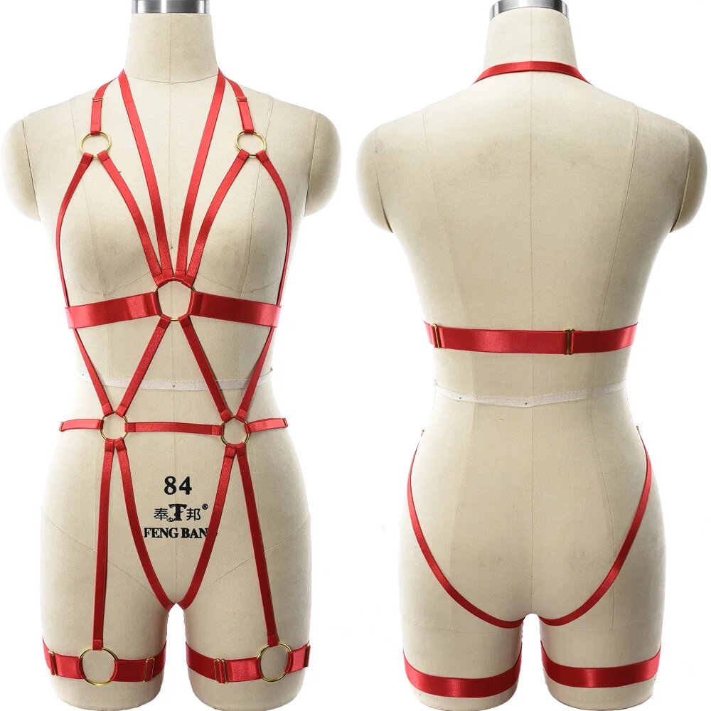 Красный боди на бретельках, женский сексуальный бондажный комплект нижнего белья, готические чулки, подвязки, регулируемый бюстгальтер в клетку, эластичная портупея для тела