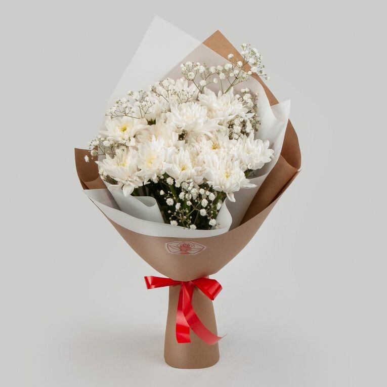 Букет СоюзЦветТорг "Белое царство", кустовые хризантемы, гипсофила, белый