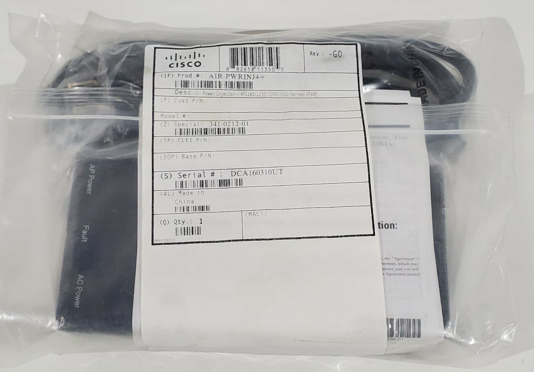 Инжектор питания Cisco AIR-PWRINJ4, для Wi-Fi точек доступа, 802.3AF, 48V, 0.32A 15Вт