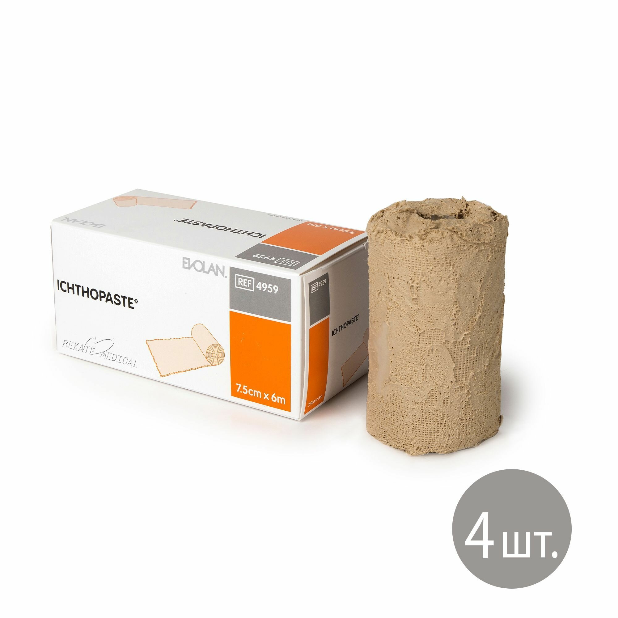Ichthopaste (Ихтеопаста) - Бинт пропитанный пастой из оксида цинка и ихтаммолом, 7,5 см x 6 м, 4 шт.