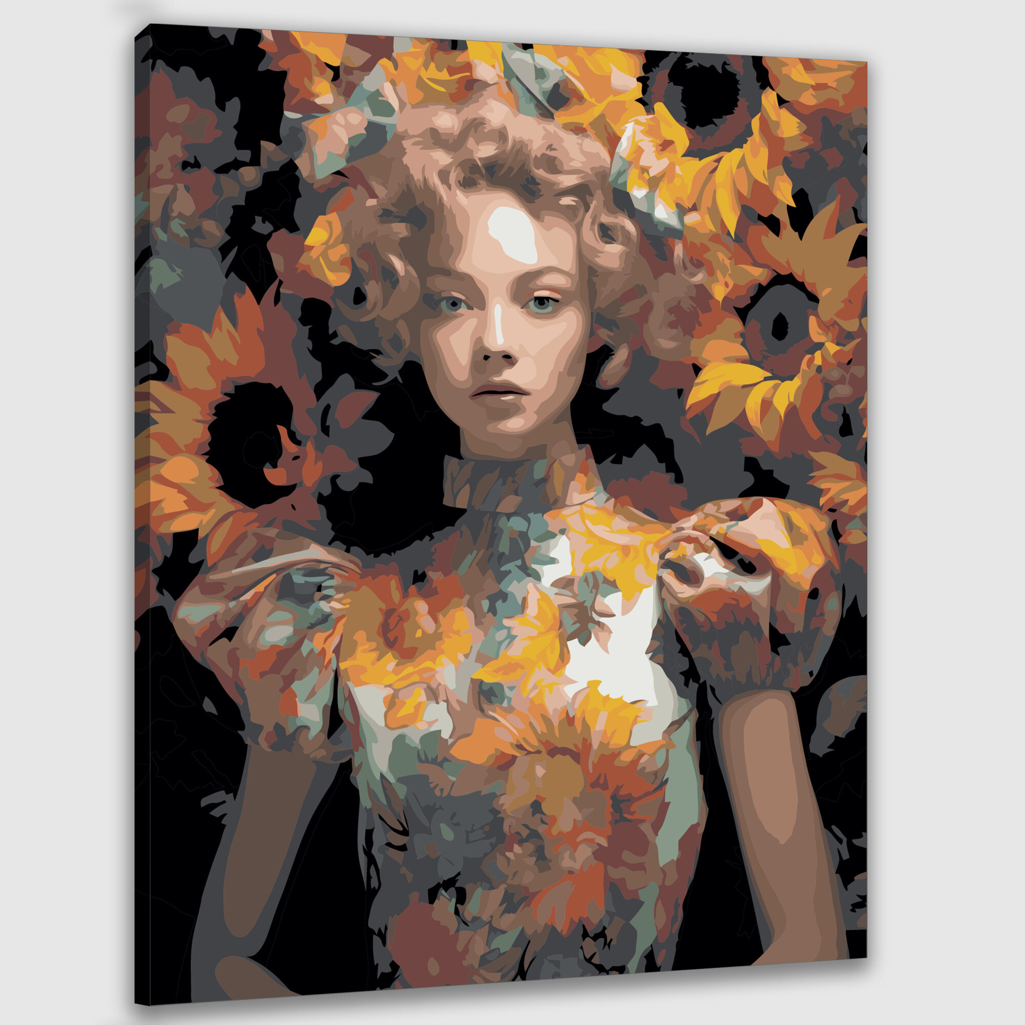 Картина по номерам 40x50 см, фотография, девушка, цветочный наряд, подсолнухи, золотистые оттенки, контрастные цвета