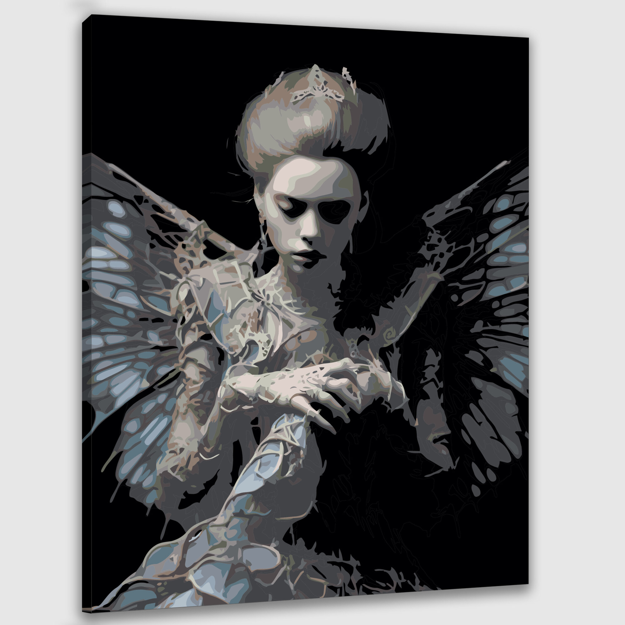 Картина по номерам 40x50 см, фотография, кукла, ангел, крылья, фарфоровая кожа, свет, тени, фон, таинственность