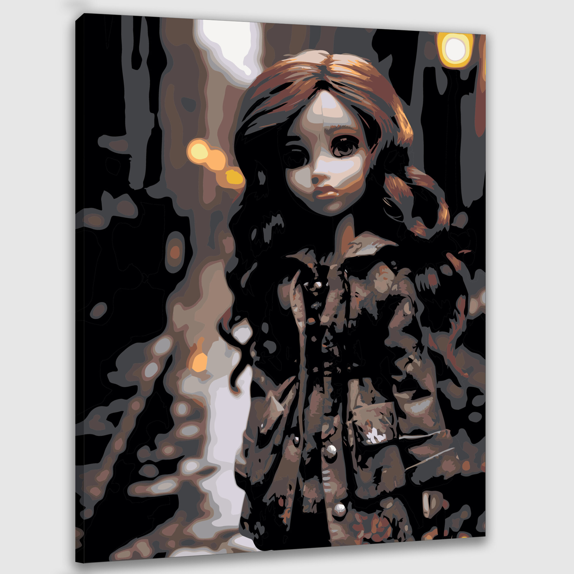 Картина по номерам 40x50 см, кукла, реалистичная, высокое разрешение, черты лица, винтажный наряд, мощеная улица, дождь