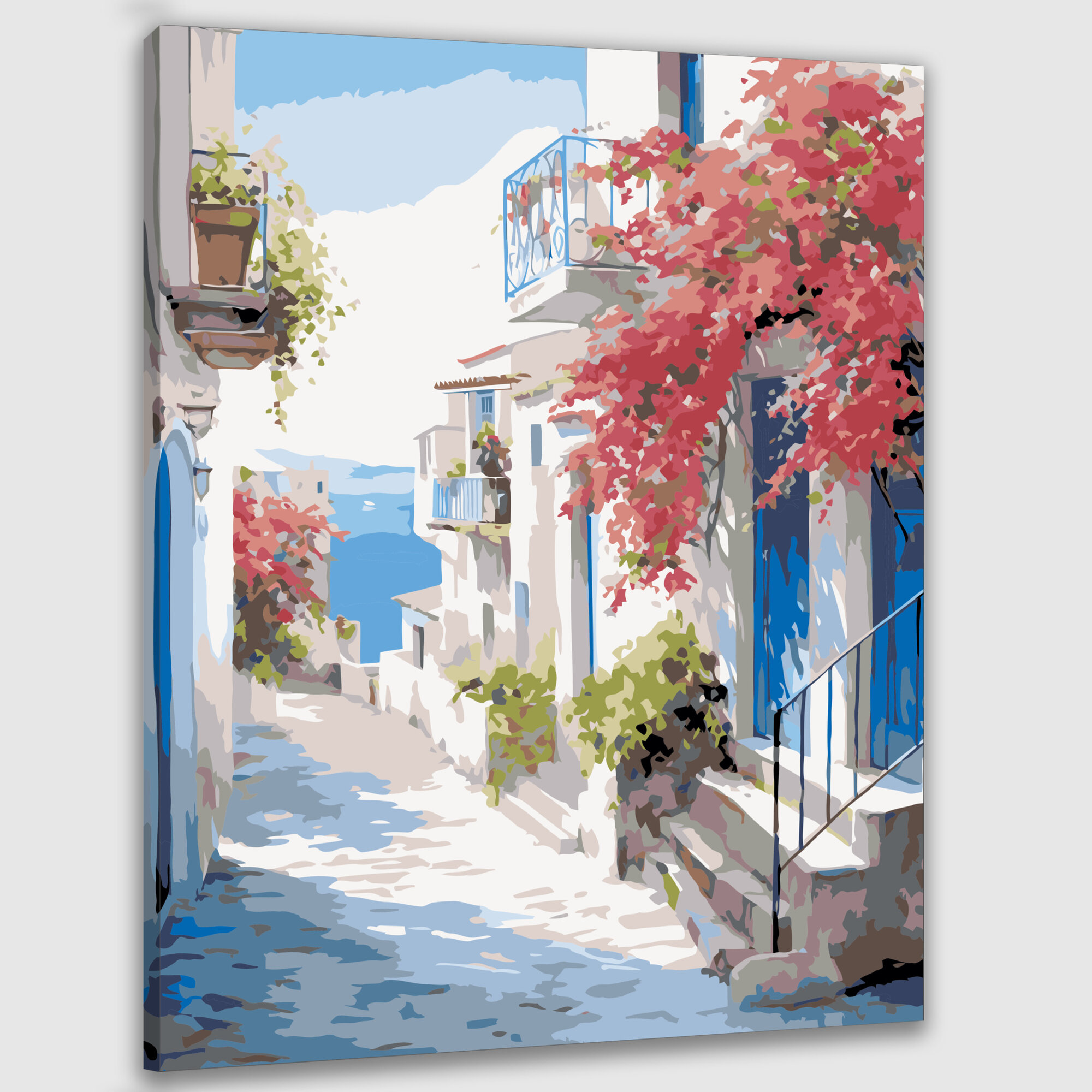 Картина по номерам 40x50 см, иллюстрация, акварельная, греческая, прибрежная деревня, лазурное море, голубое небо