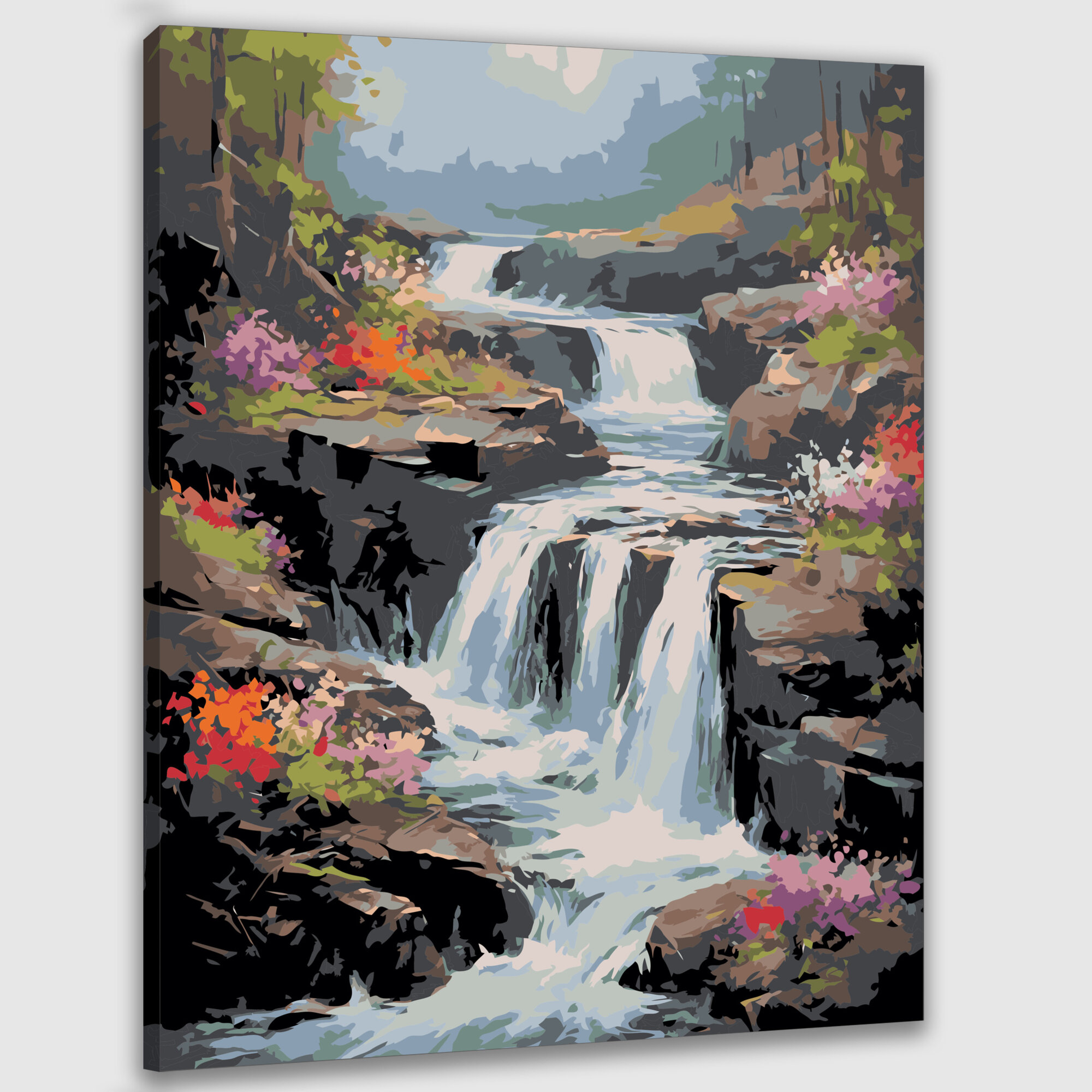 Картина по номерам 40x50 см, картина, масло, водопад, каскад, утес, листва, цветы, природа, мощь, красота, мазки, свет