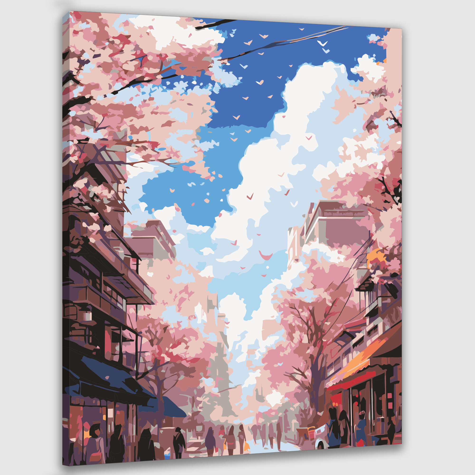 Картина по номерам 40x50 см, японская улица, сакура, розовые цветы, радость, праздник, кимоно, юкаты, пикник, ханами