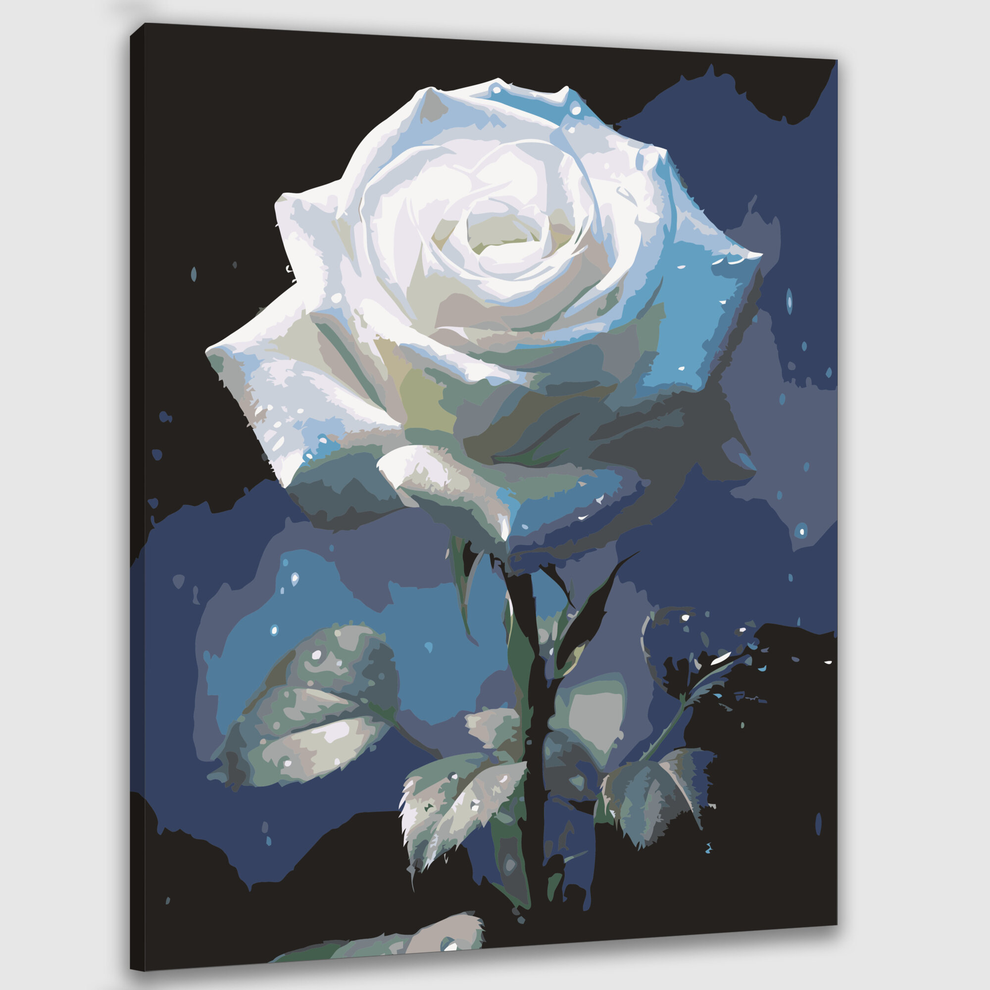 Картина по номерам 40x50 см, белая роза, лепестки, сияние луны, ночное небо, звезды, свечение, потустороннее