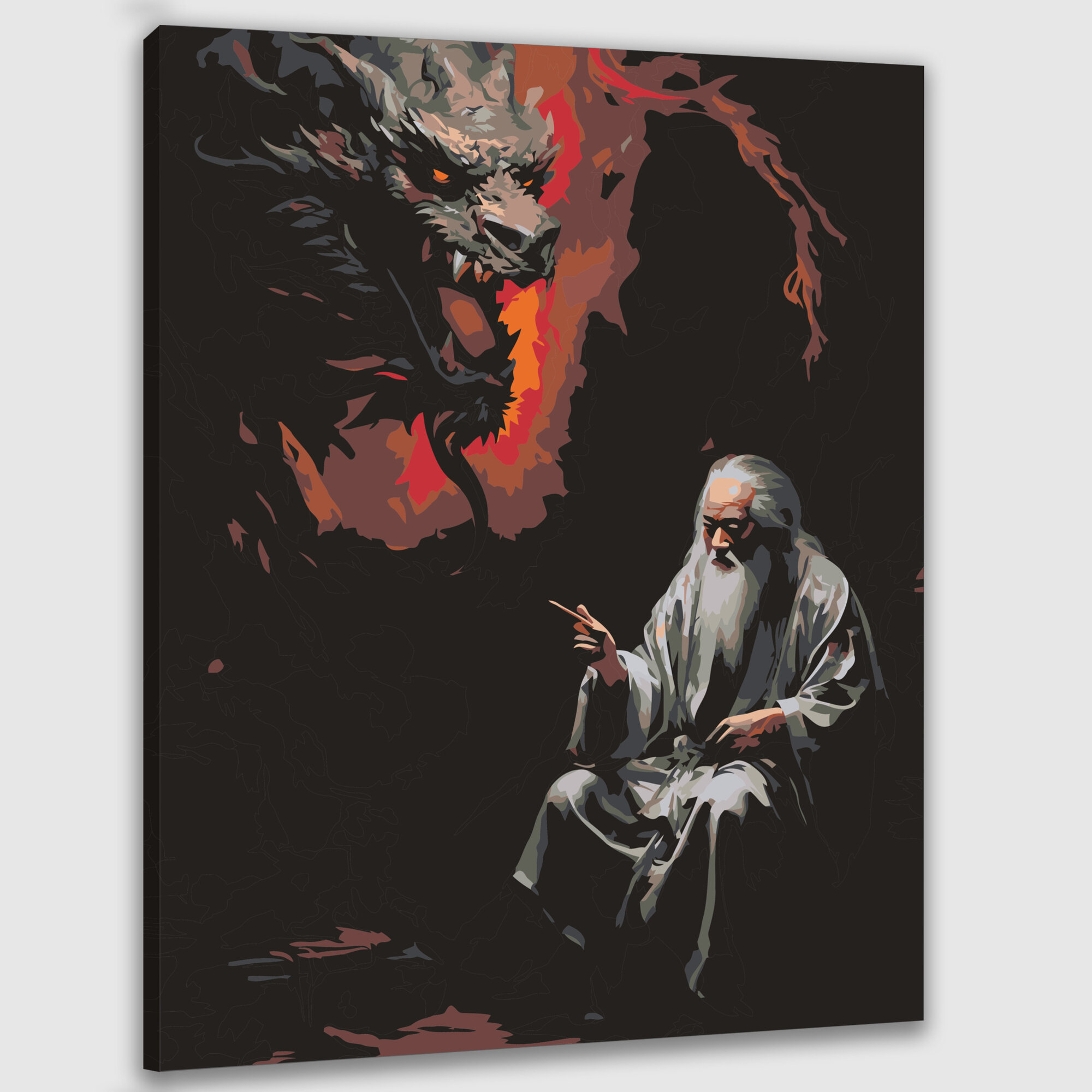 Картина по номерам 40x50 см, картина маслом, дракон, мудрец, пещера, взгляды, связь, знания, шепот, жесты