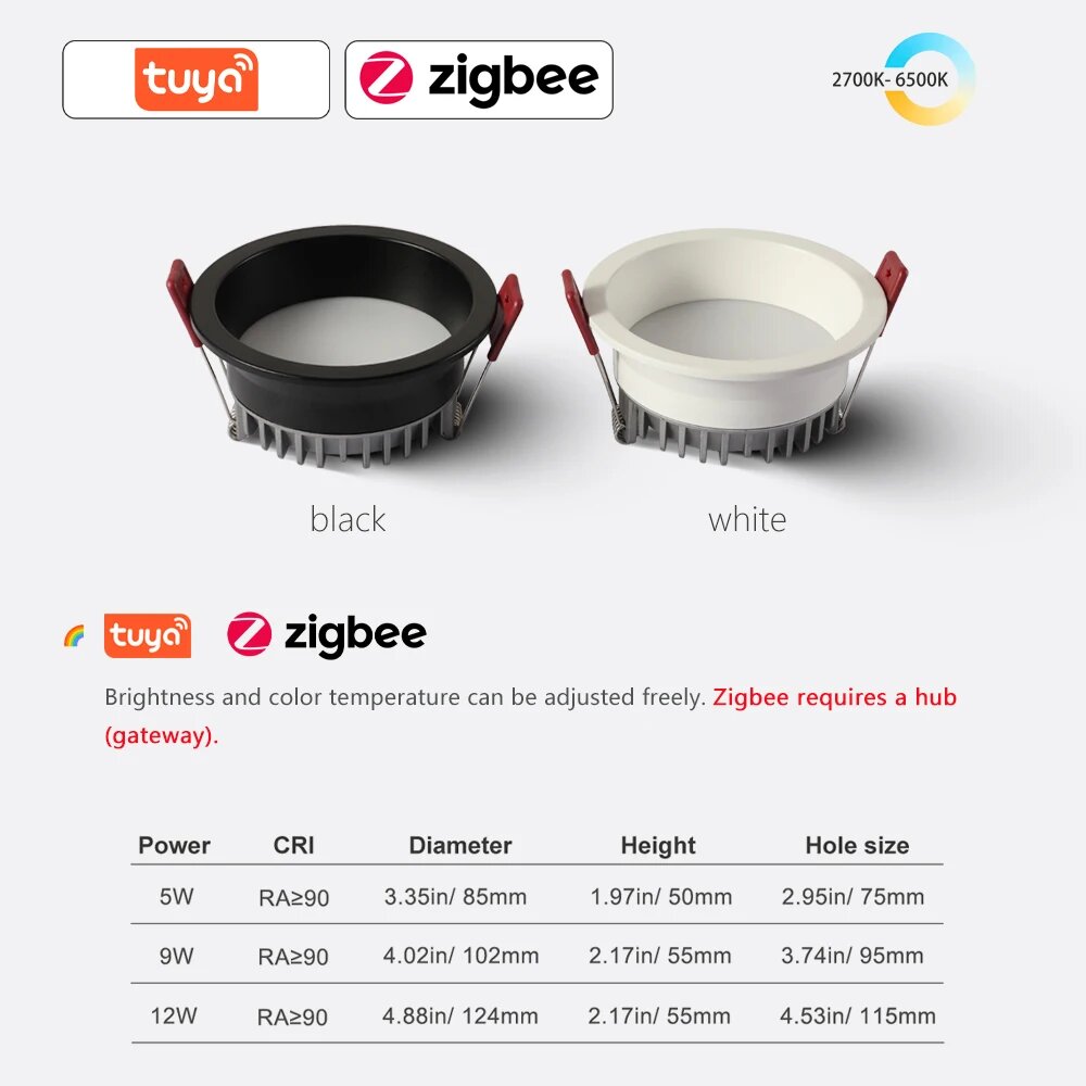 Встраиваемый светильник Zigbee, черный, 5W, отверстие 75mm