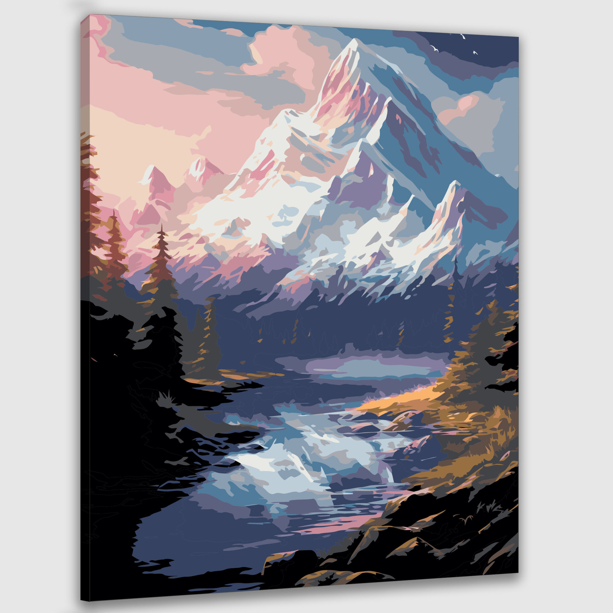 Картина по номерам 40x50 см, горный хребет, заснеженные вершины, высокие сосны, кристально чистое озеро