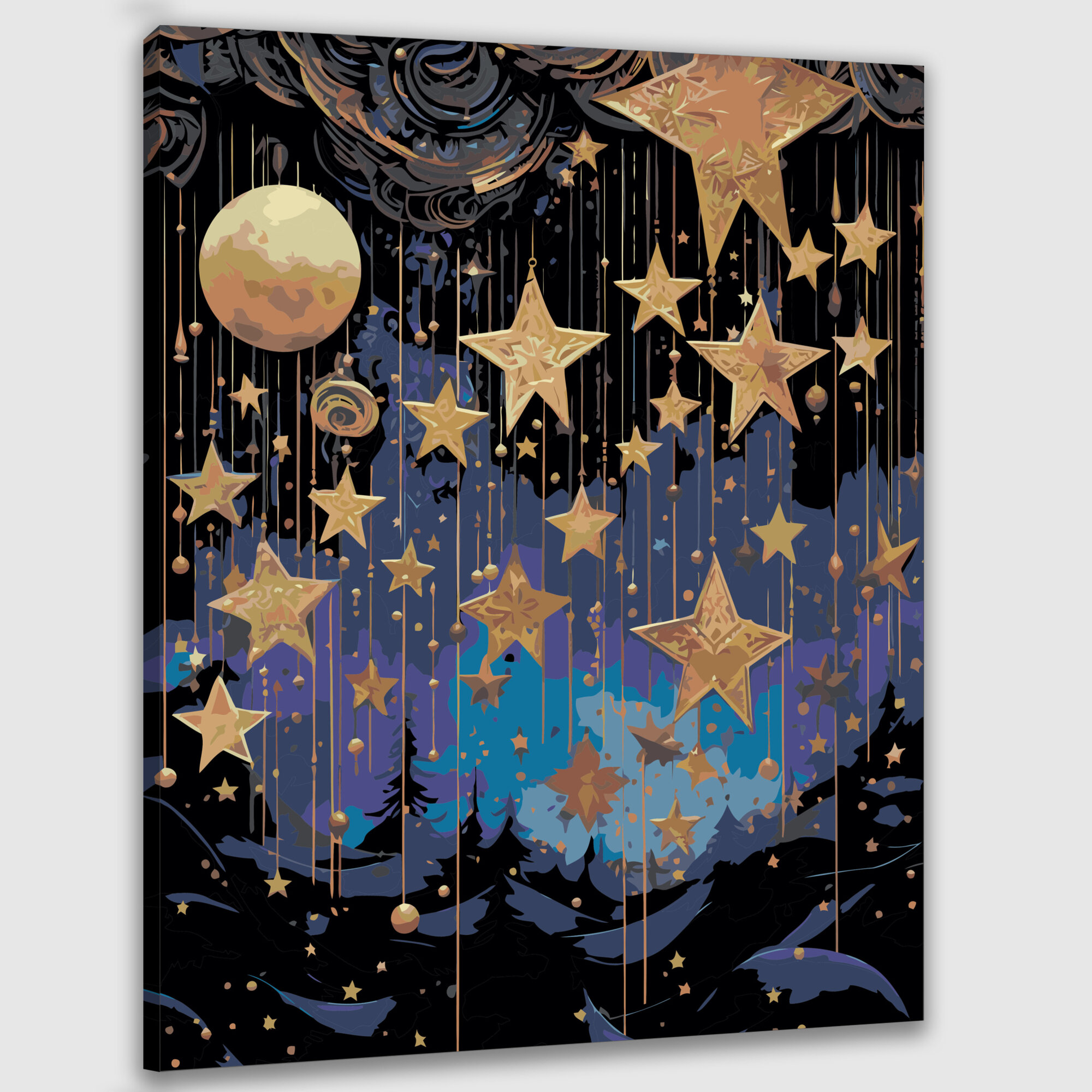 Картина по номерам 40x50 см, картина, смешанная техника, коллаж, орнаменты, звезды, металлизированная бумага, холст